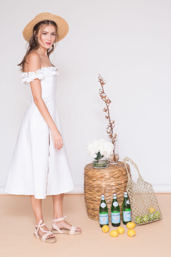 MEXICO Ruffled Off Shoulder Midi Dress with Slit (White Linen) – Zoo Label
