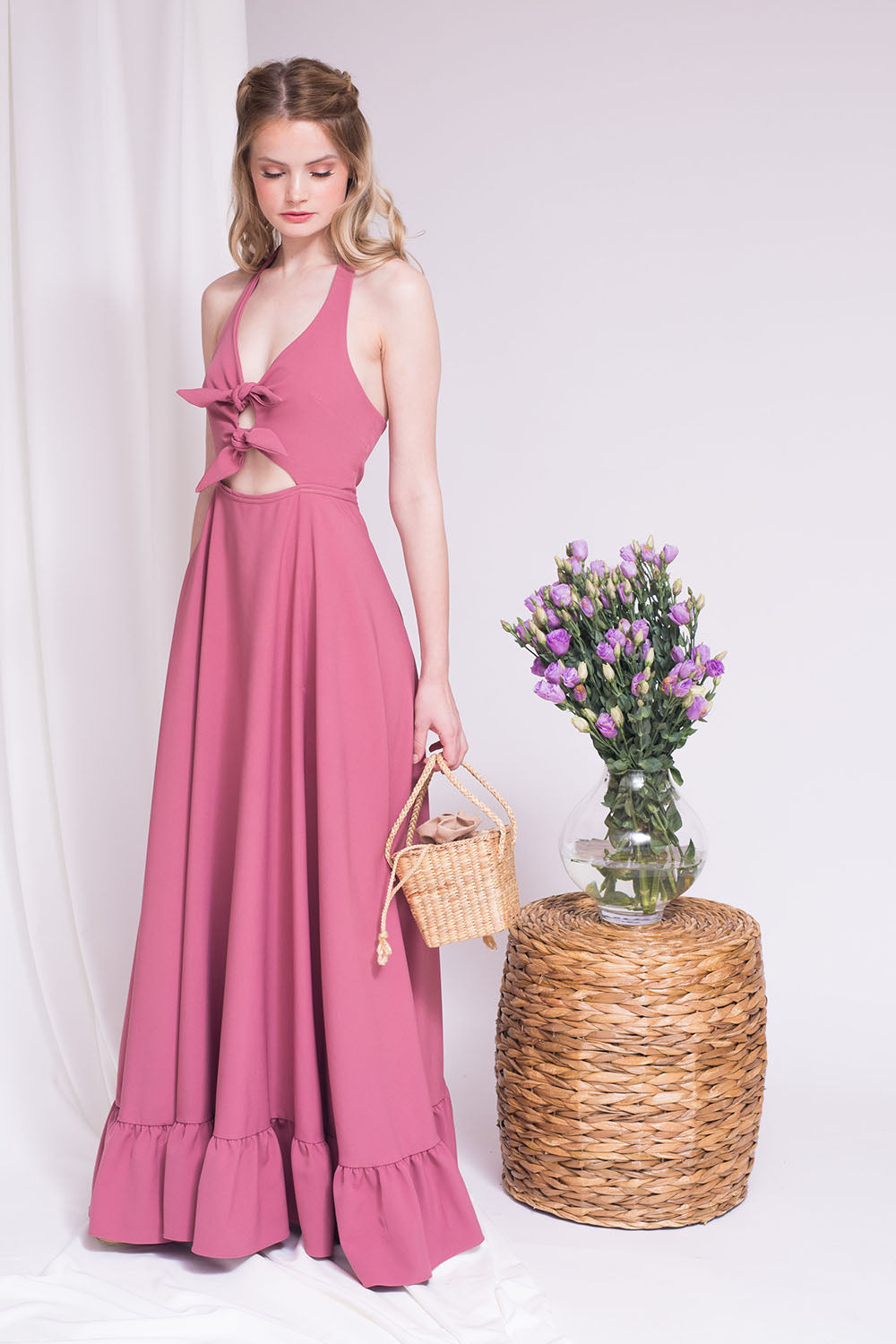 MERIDA Double Bow Halter Maxi Dress with Ruffled Hem (Old Rose ) – Zoo ...