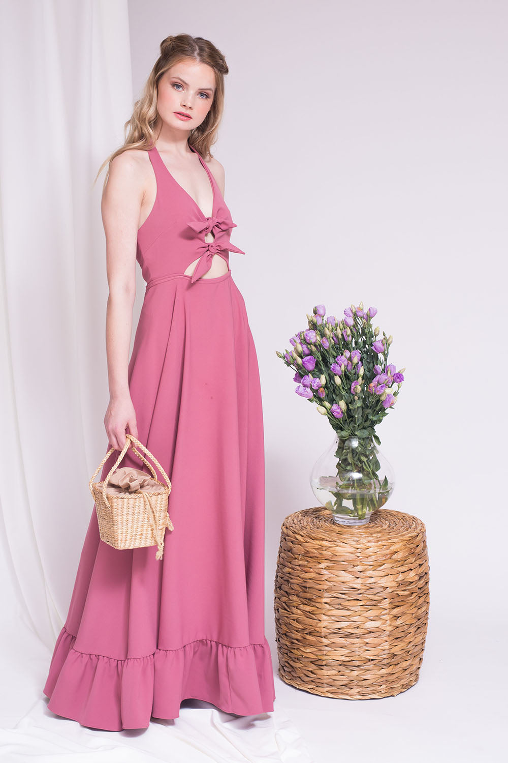 MERIDA Double Bow Halter Maxi Dress with Ruffled Hem (Old Rose ) – Zoo ...