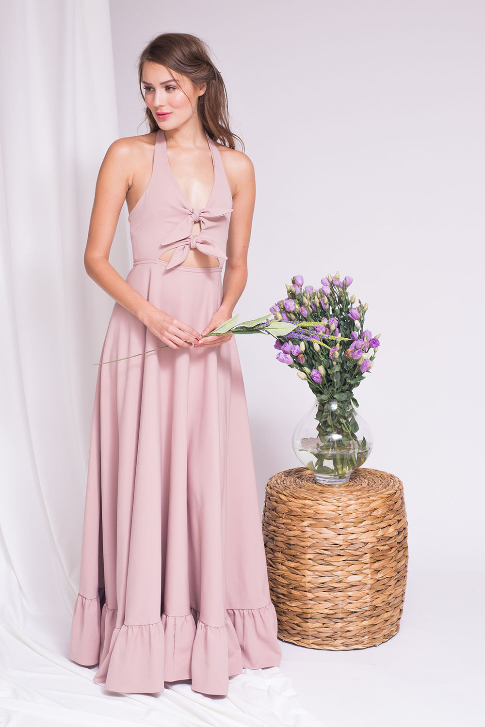 MERIDA Double Bow Halter Maxi Dress with Ruffled Hem (Nude) – Zoo Label