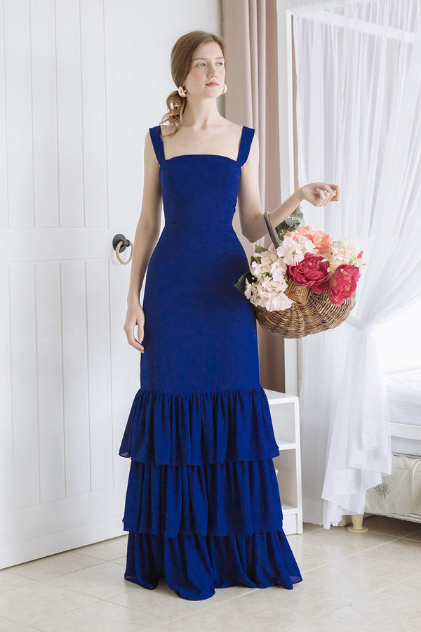 TIJUANA Layered Ruffle Maxi Dress with Thick Straps (Royal Blue Chiffo ...
