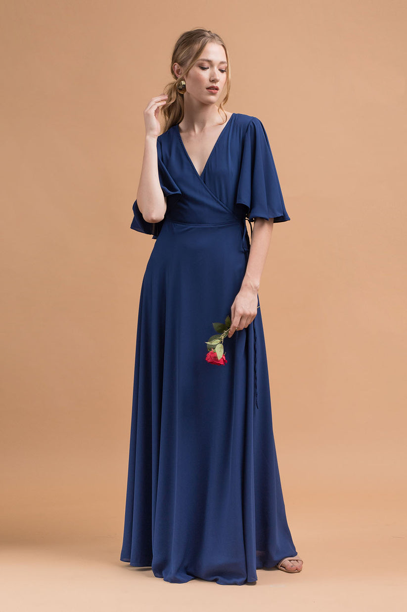 AGATHA Wrap Chiffon Maxi Dress with Wide Sleeves (Midnight Blue Chiffo ...