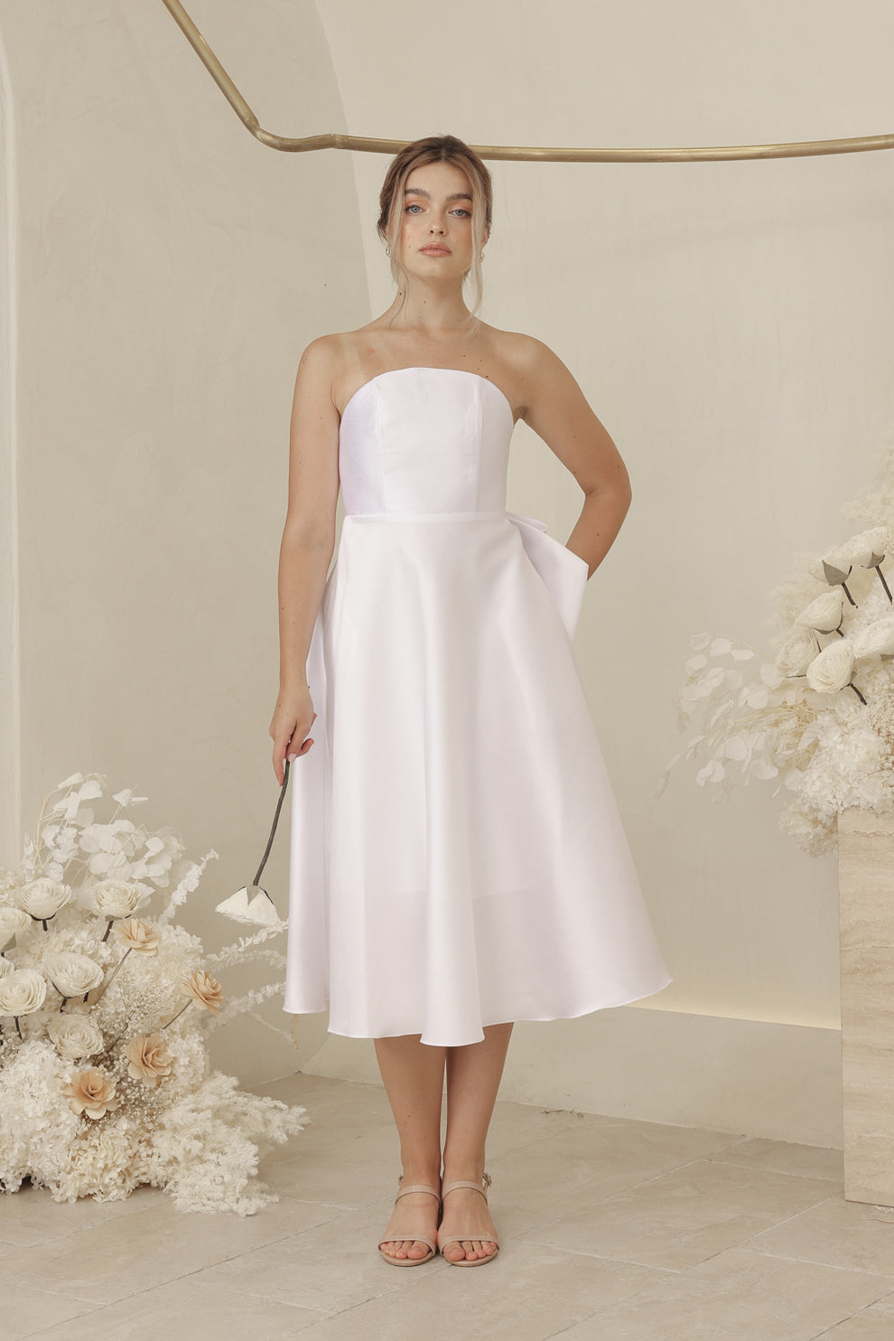 CELINE Strapless Curved Neckline Mid Length Gown with Bow, Pockets and ...