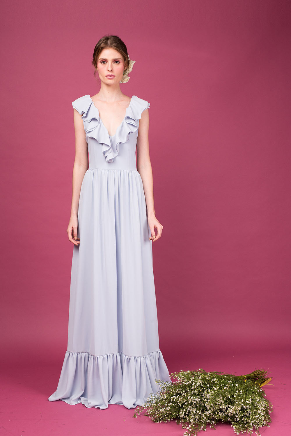 VALERIA Deep V Maxi Dress with Layered Ruffle Front (Dusty Blue) – Zoo ...