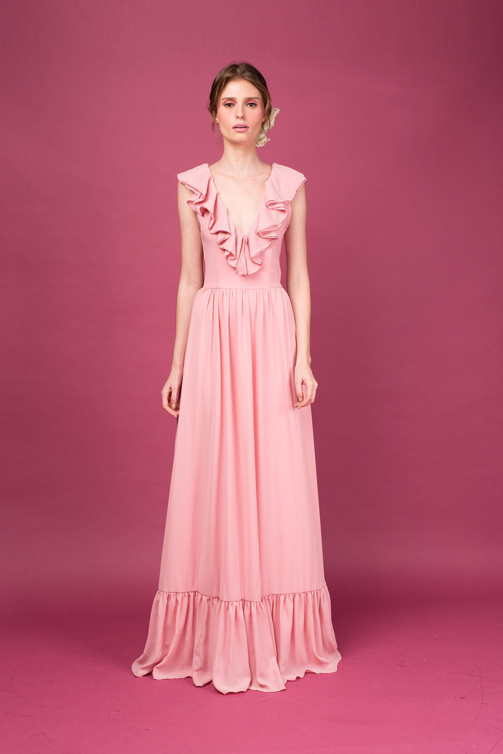 VALERIA Deep V Maxi Dress with Layered Ruffle Front (Dusty Rose) – Zoo ...