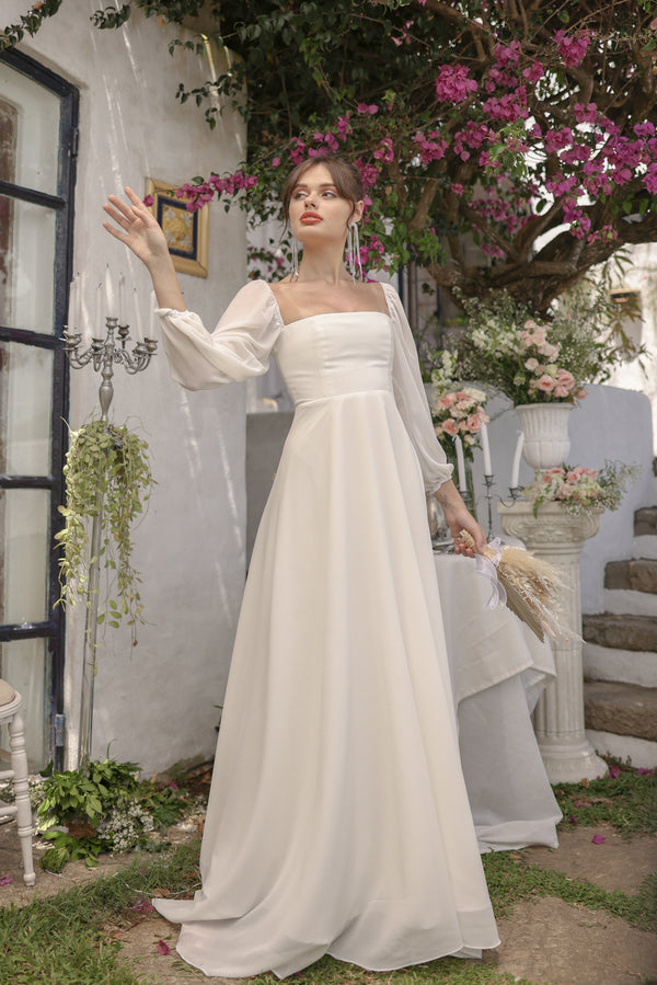 SIENNA Full Sleeve Chiffon Maxi Dress with Trail and Covered Button Ba ...