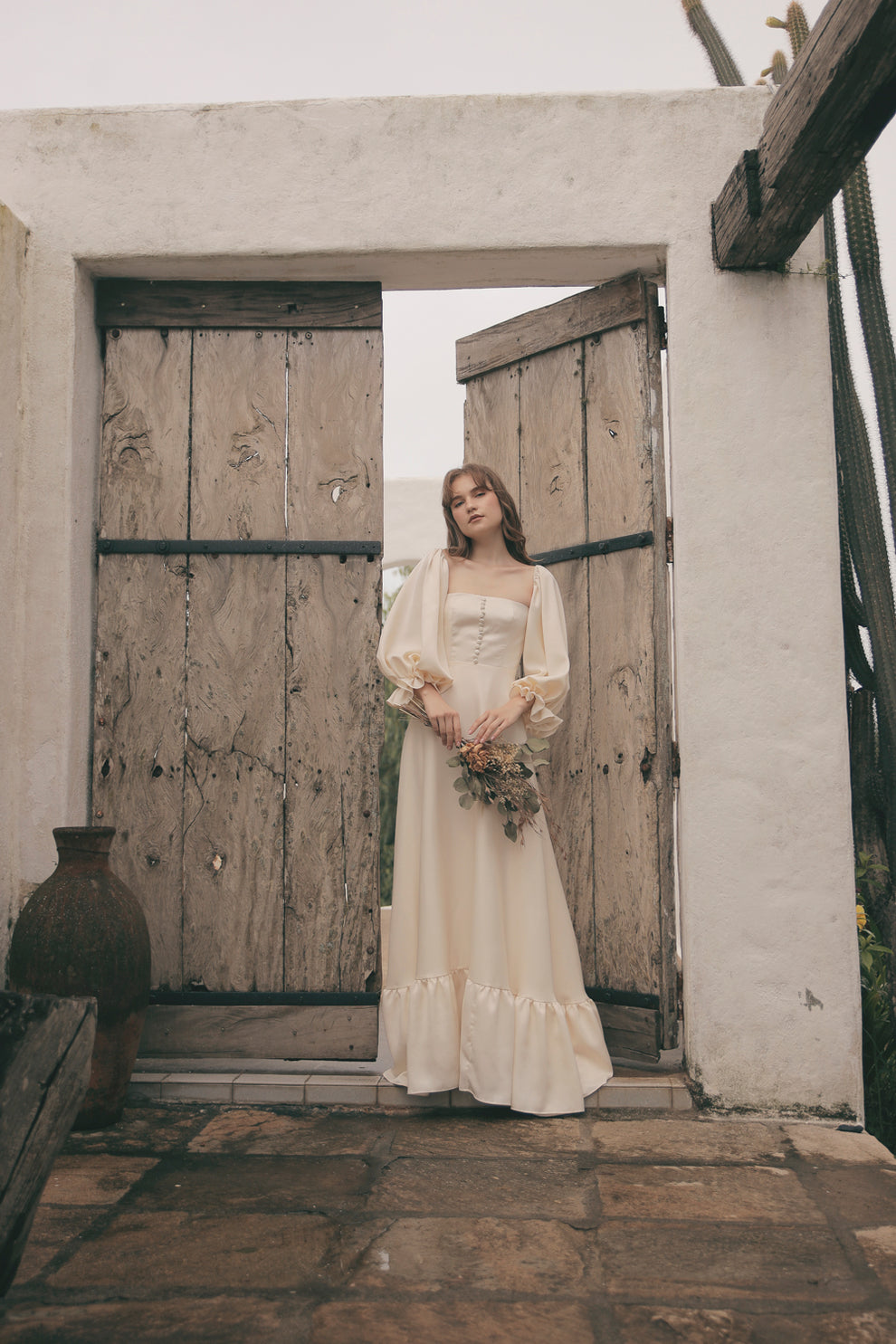 FIRA Two Way Puff Sleeve Maxi Dress with Covered Buttons and Square Ne ...