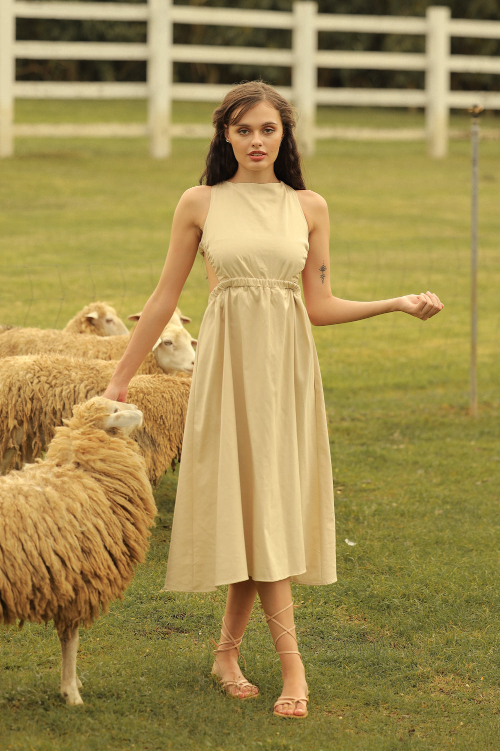 ABRIELLE Crossed Back Garterize Midi Dress (Nude Linen) – Zoo Label