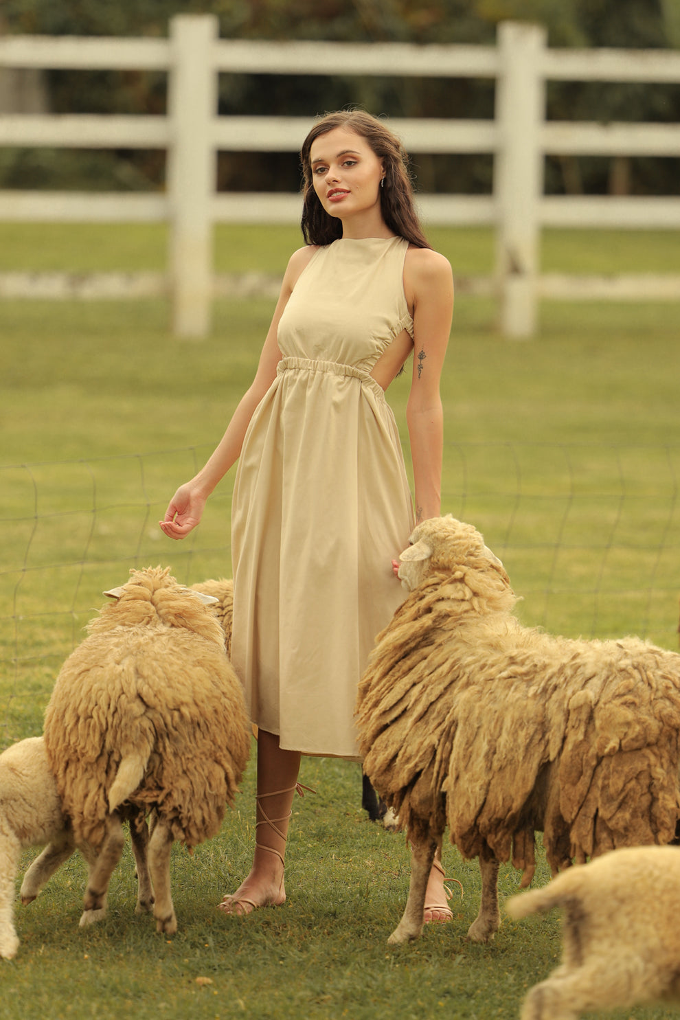 ABRIELLE Crossed Back Garterize Midi Dress (Nude Linen) – Zoo Label