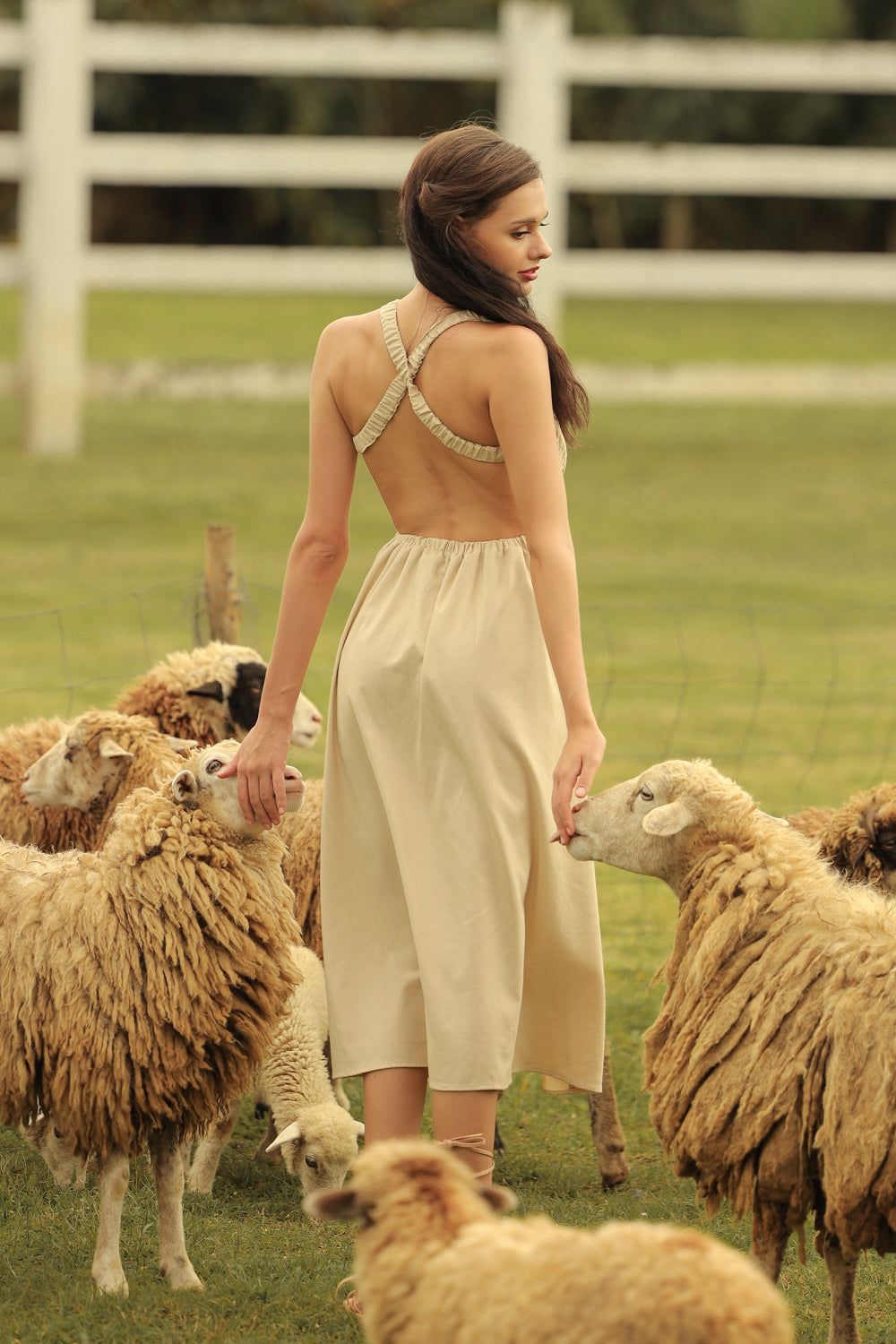 ABRIELLE Crossed Back Garterize Midi Dress (Nude Linen) – Zoo Label