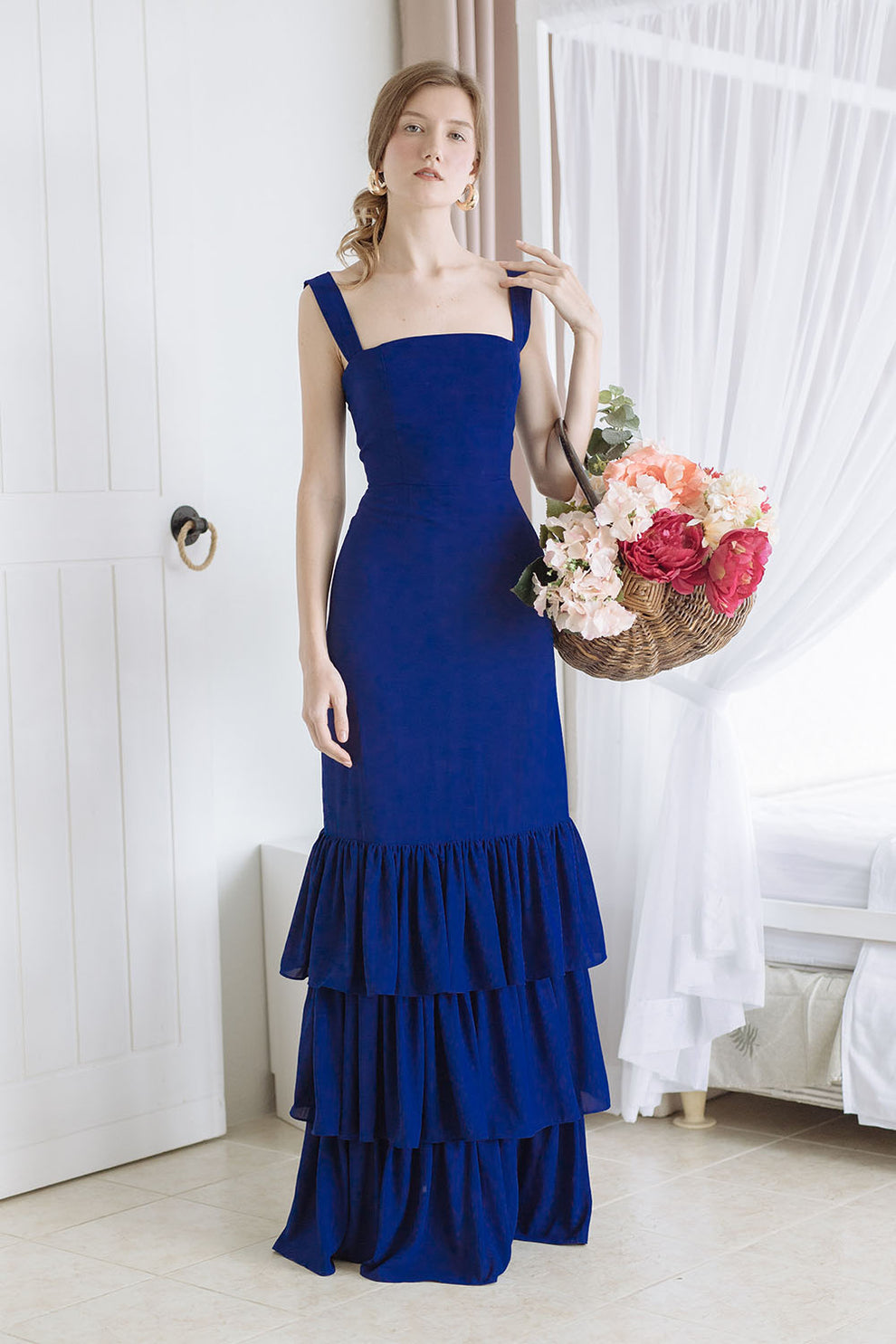 TIJUANA Layered Ruffle Maxi Dress with Thick Straps (Royal Blue Chiffo ...