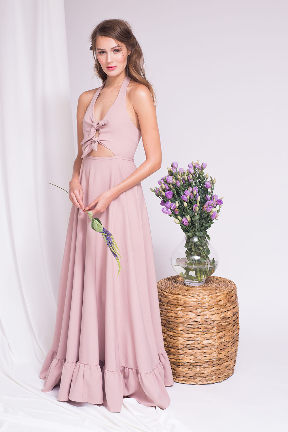MERIDA Double Bow Halter Maxi Dress with Ruffled Hem (Nude) – Zoo Label
