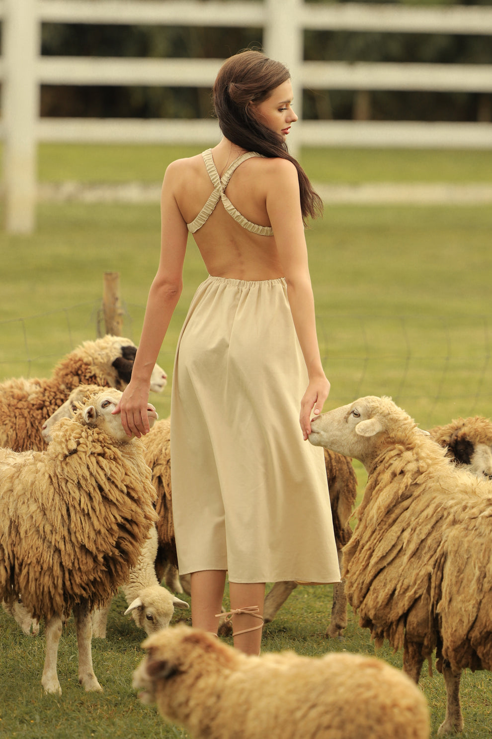 ABRIELLE Crossed Back Garterize Midi Dress (Nude Linen) – Zoo Label