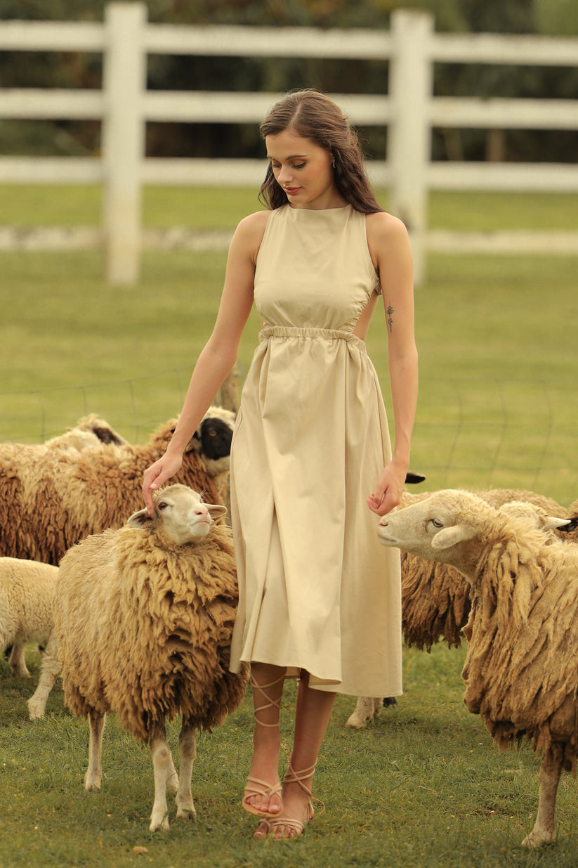 ABRIELLE Crossed Back Garterize Midi Dress (Nude Linen) – Zoo Label